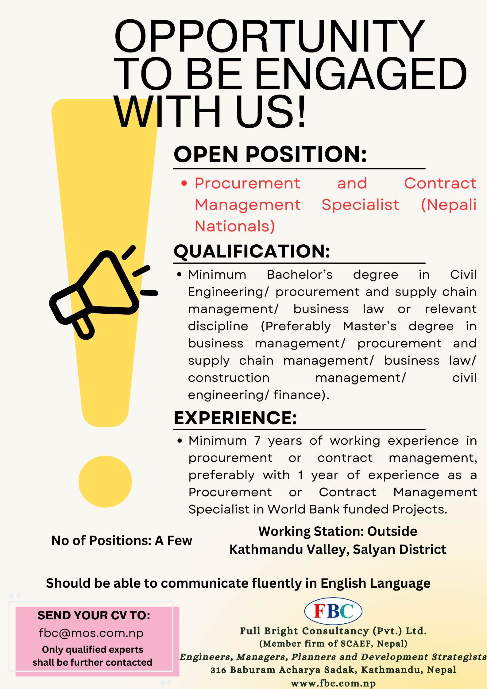 Opportunity to be engaged with us!! . Qualified Experts can send their CV at: fbc@mos.com.np ...